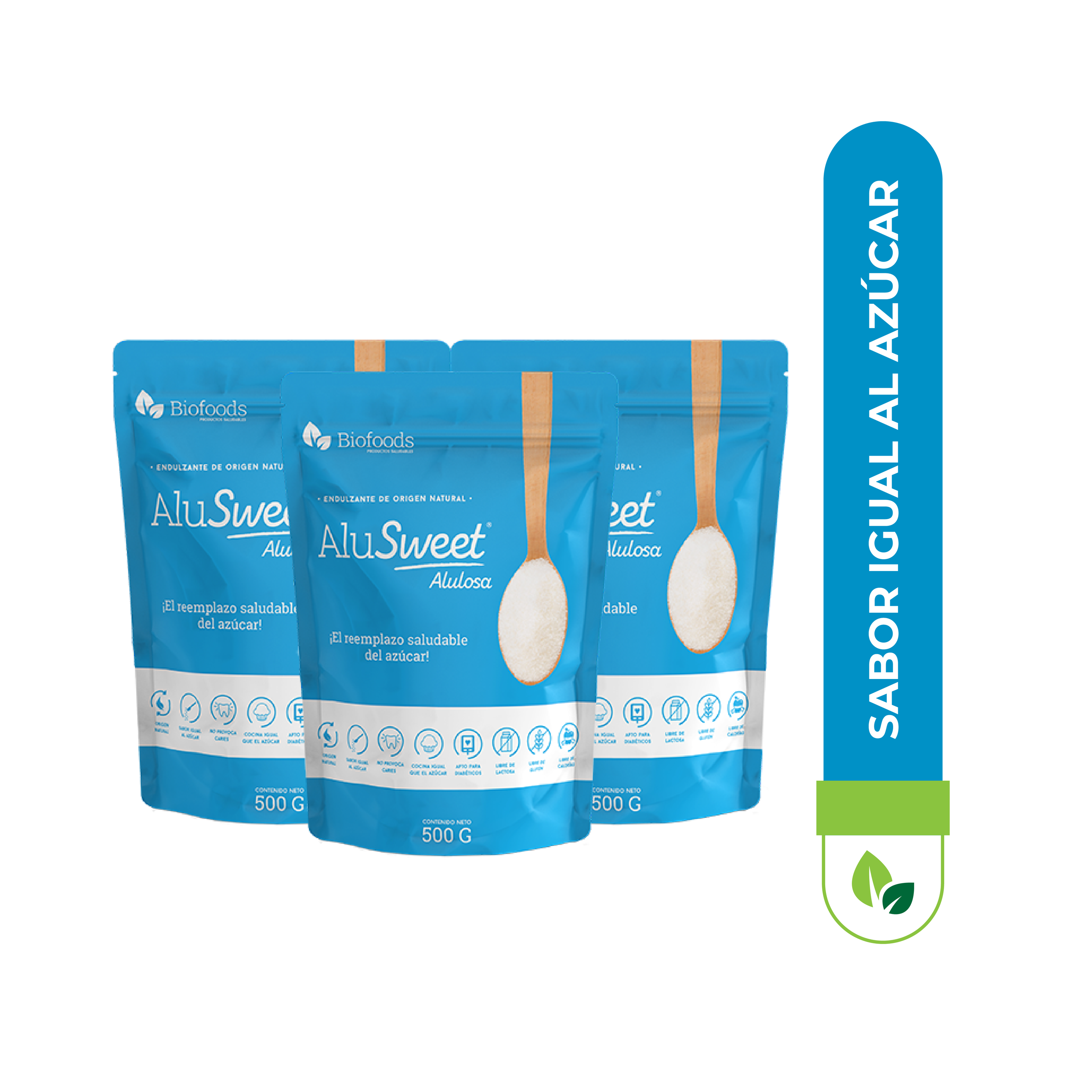 Pack con 3 AluSweet Alulosa Polvo 500 grs — Biofoods SPA